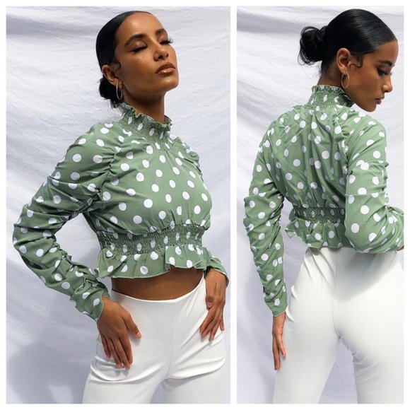 PrettyLittleThing | Tops | Nwt Prettylittlething Sage Khaki Green Polka ...